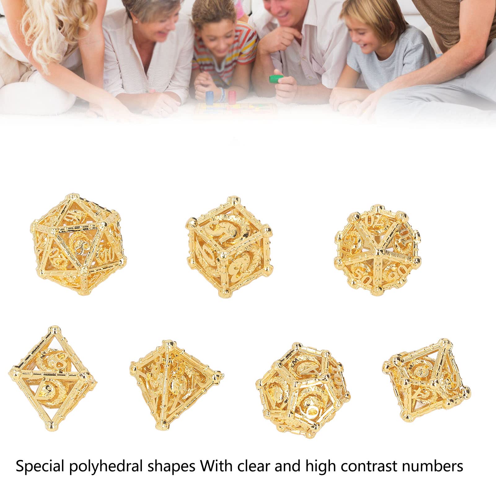 Game Dice Set, 7pcs Copper Different Shapes Hollow Polyhedral Dices for Board Games