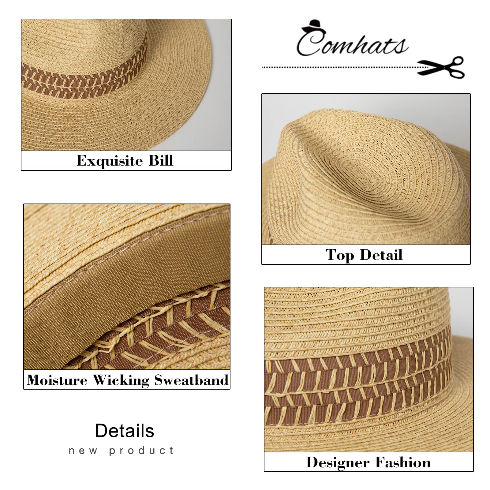 Comhats Women Straw Sun Fedora Hat for Women,Packable Beach Hat Wide Brim Panama Hat UV UPF 50+ Summer Hat Beige