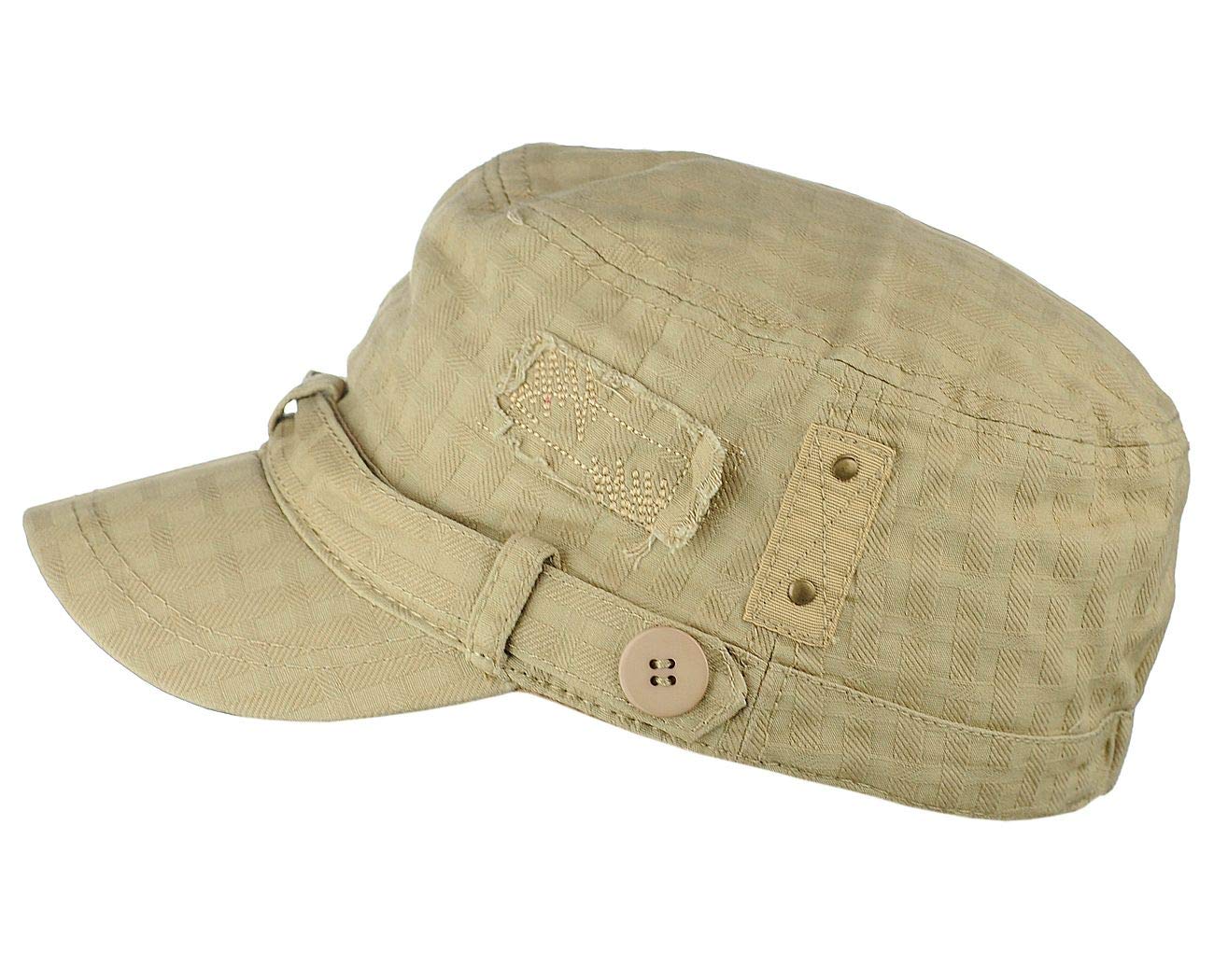 D&Y Unisex Distressed Patched Button Waffle Cadet Military Cap, Beige