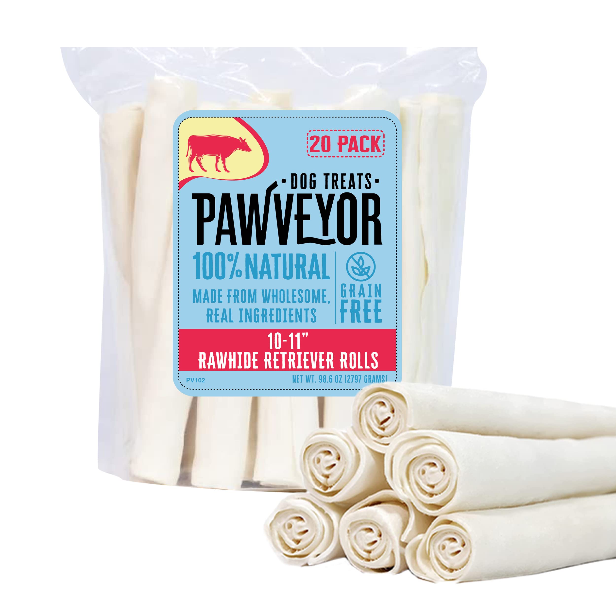 Pawveyor 10-11" Retriever Rolls for Large Dogs - Pack of 20 Thick Long Lasting Dog Chews for Aggressive Chewers - All-Natural, Protein-Dense Jumbo Rawhide Chews - Odor-Free and Supports Dental Health