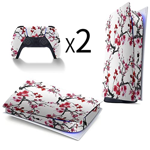 Elegant Decorative Cherry Blossoms Full Protective Skin Cover Design Wrap Decal Sticker Compatible with PS5 Digital Edition Console and Controller