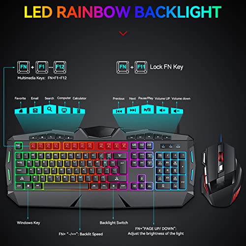 EXHNLE Gaming Keyboard and Mouse Combo Wired LED RGB Backlit, 104 Keys USB Ergonomic Keyboard, for PC Computer Gamer