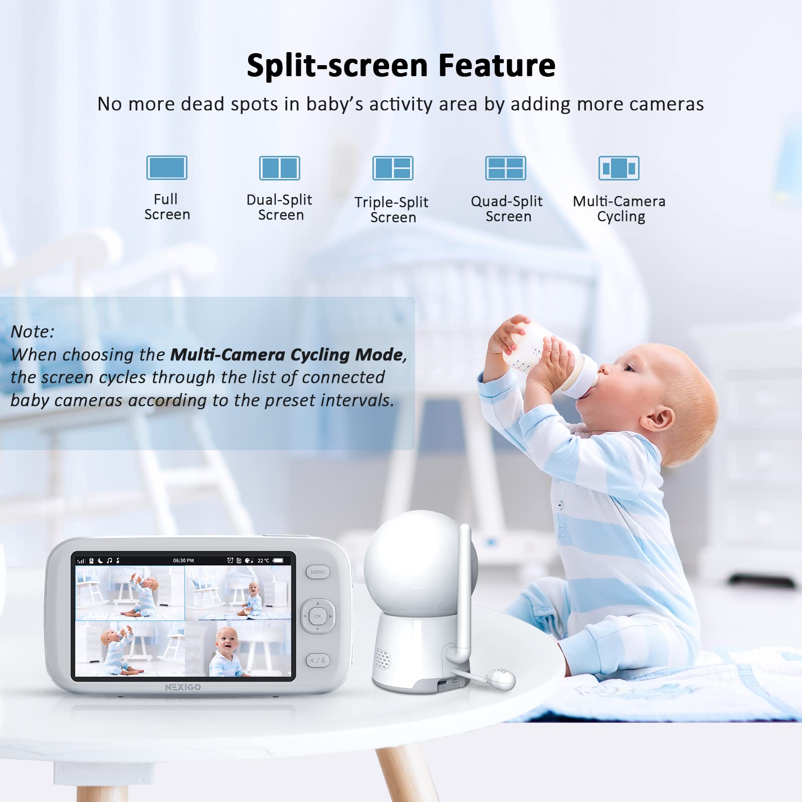 NexiGo Video Baby Monitor with Camera and Audio, 5 Inch Split IPS Screen, Support Up to 4 Cameras, 2-Way Audio, Pan-Tilt-Zoom, 4800mAh Battery, Temperature Detection, Night Vision, 2 Pack (White)