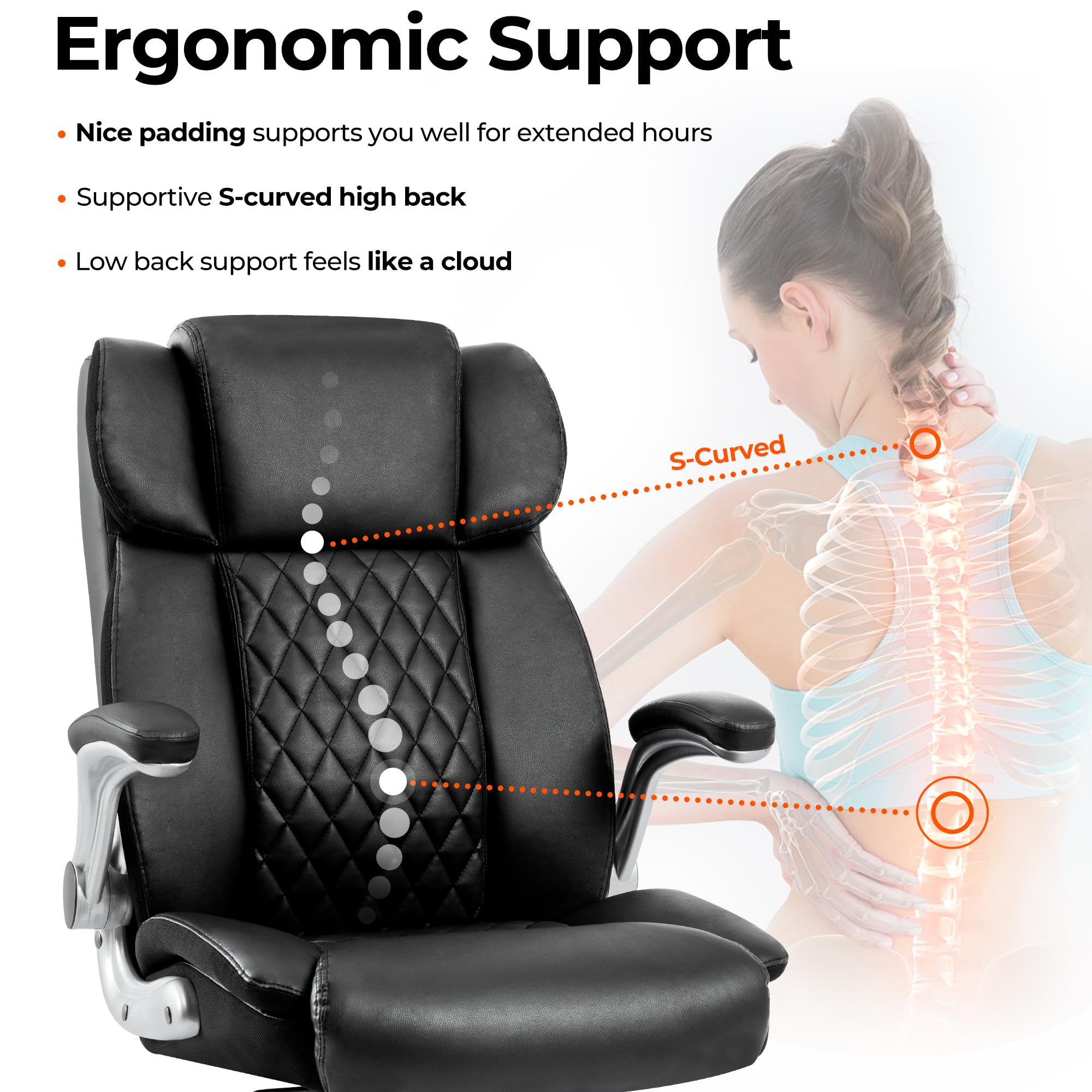HOMYEDAMIC High Back Ergonomic Office Chair, Flip Arms Big & Tall Executive Swivel PU Bonded Leather Computer Chairs Adjustable Tilt Angle, Wide Thick Seat (7012-BK)