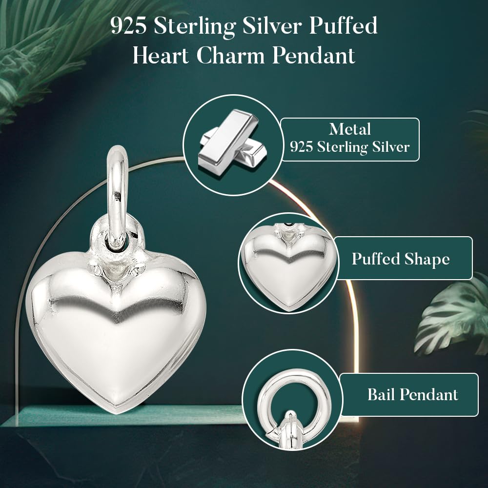 Diamond2Deal 925 Sterling Silver Puffed Heart Charm Pendant (L-16.33mm W-9.9mm)
