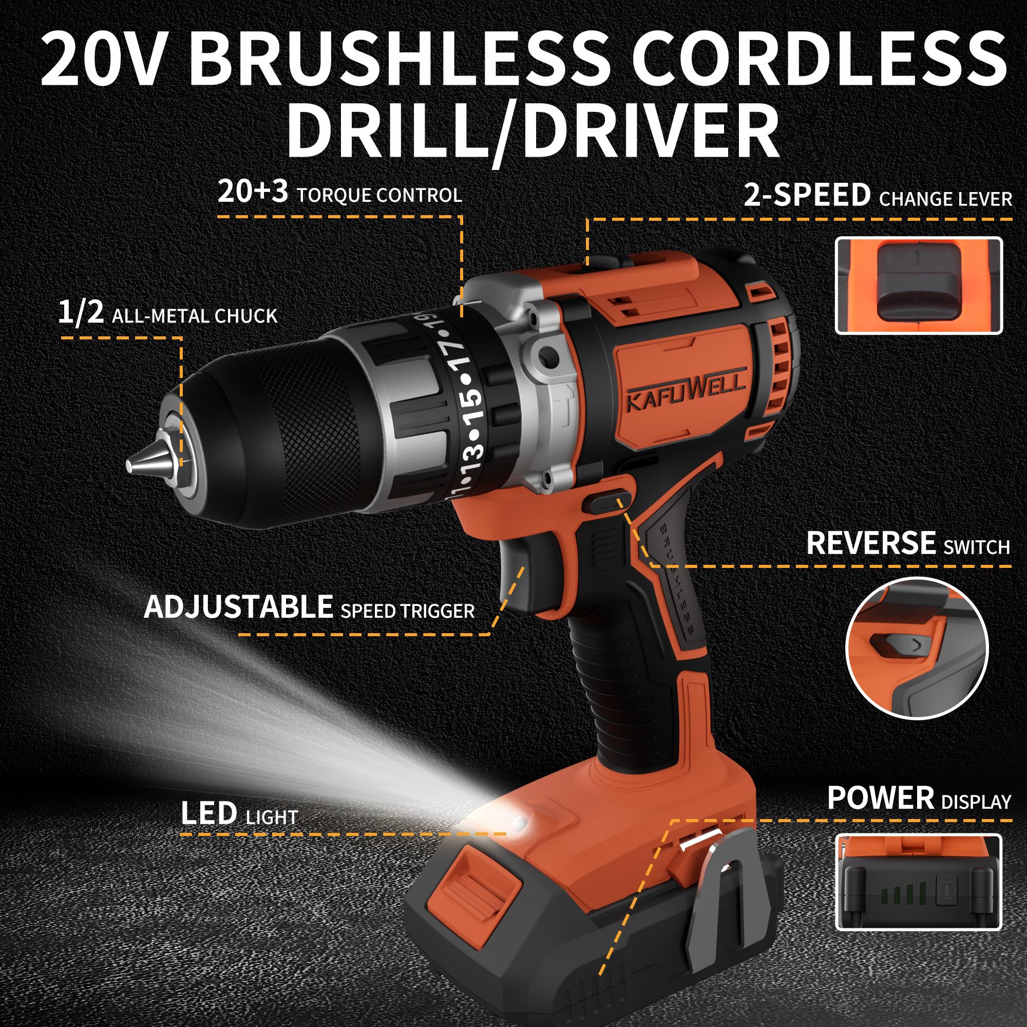 KAFUWELL Cordless Drill Set, 3-in-1 20V Power Drill with Battery and Charger, 1/2β Metal Chuck, 710 In-lbs Torque, 2 Variable Speeds, 20+3 Hammer Drill Driver