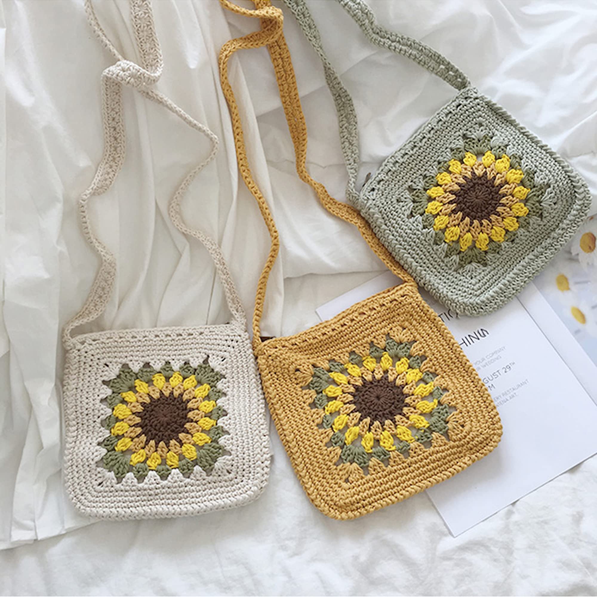 Elena Handbags Handmade Crochet Cotton Sunflower Shoulder Bag (White)