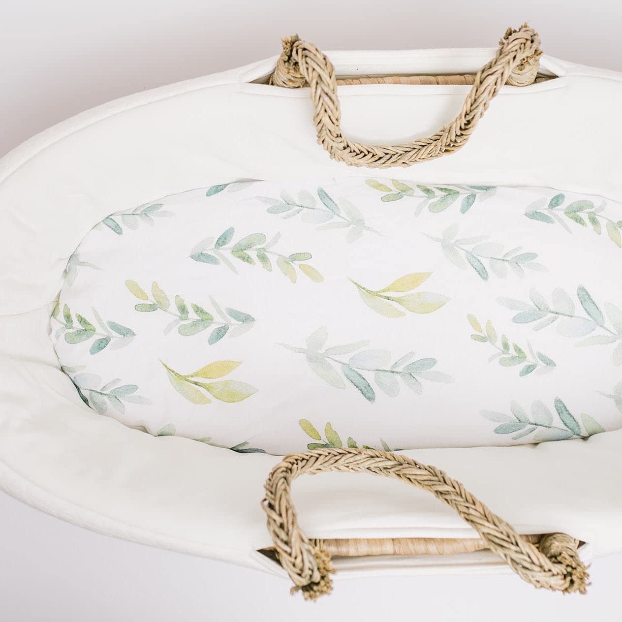 NODNAL CO. Leafy Bassinet Fitted Sheet - 100% Jersey Cotton for Baby Girl/Boy - Gender Neutral/Floral Eucalyptus Universal Fitted Cover Sheets (Leafy Greens)
