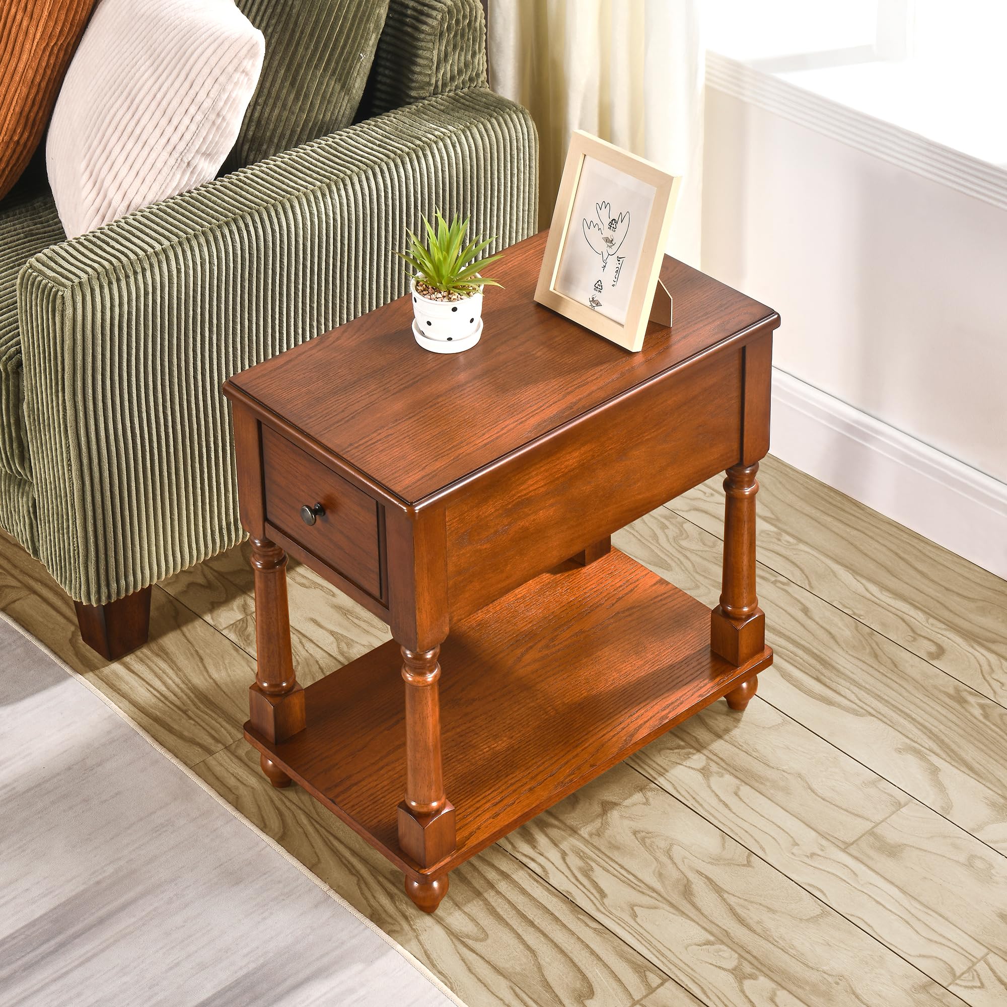 JESONVID Narrow End Table with Drawer and Shelf, Solid Wood Sofa Side Table 2-Tier Skinny Table with Storage Slim Bedside Table for Small Spaces Living Room-Cherry Brown