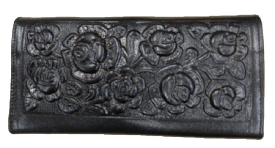Sharpshooter Ladies Tooled Leather Western Blossoming Roses Trifold Wallet (BLACK)