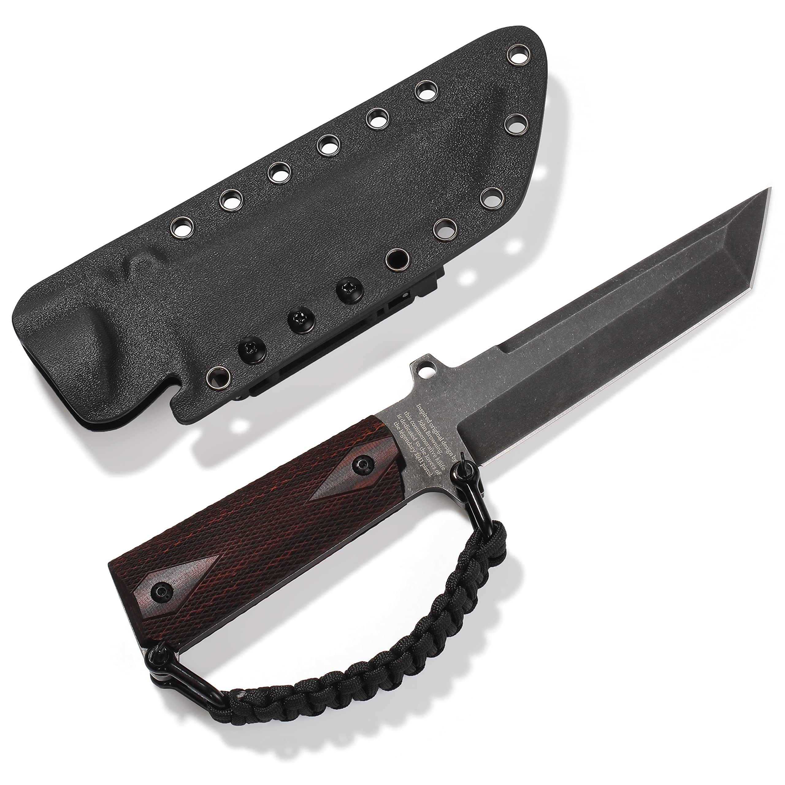 Cool Hand Beast Survival Hunting Knife with Sheath, Replaceable 1911 Wood Grips Handle, Black Stone Washed 0.2" Thick D2 Steel Tanto Fixed Blade Knives, 1911F-BW