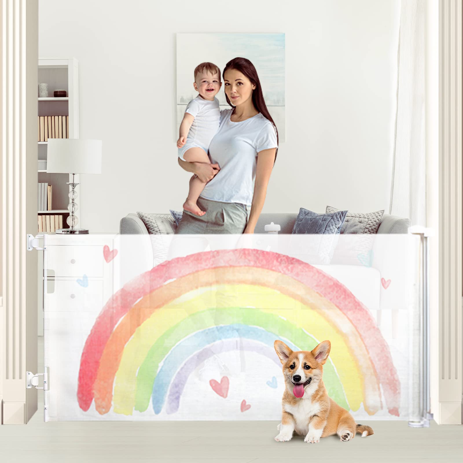 Solfres Rainbow Retractable Baby Gates, Safety Gate for Babies & Dogs Indoor 33" Tall Extends to 59" Wide, Extra Wide Mesh Gates for Kids or Pets, Pet Gate for Doorways Hallways Stairs Outdoor