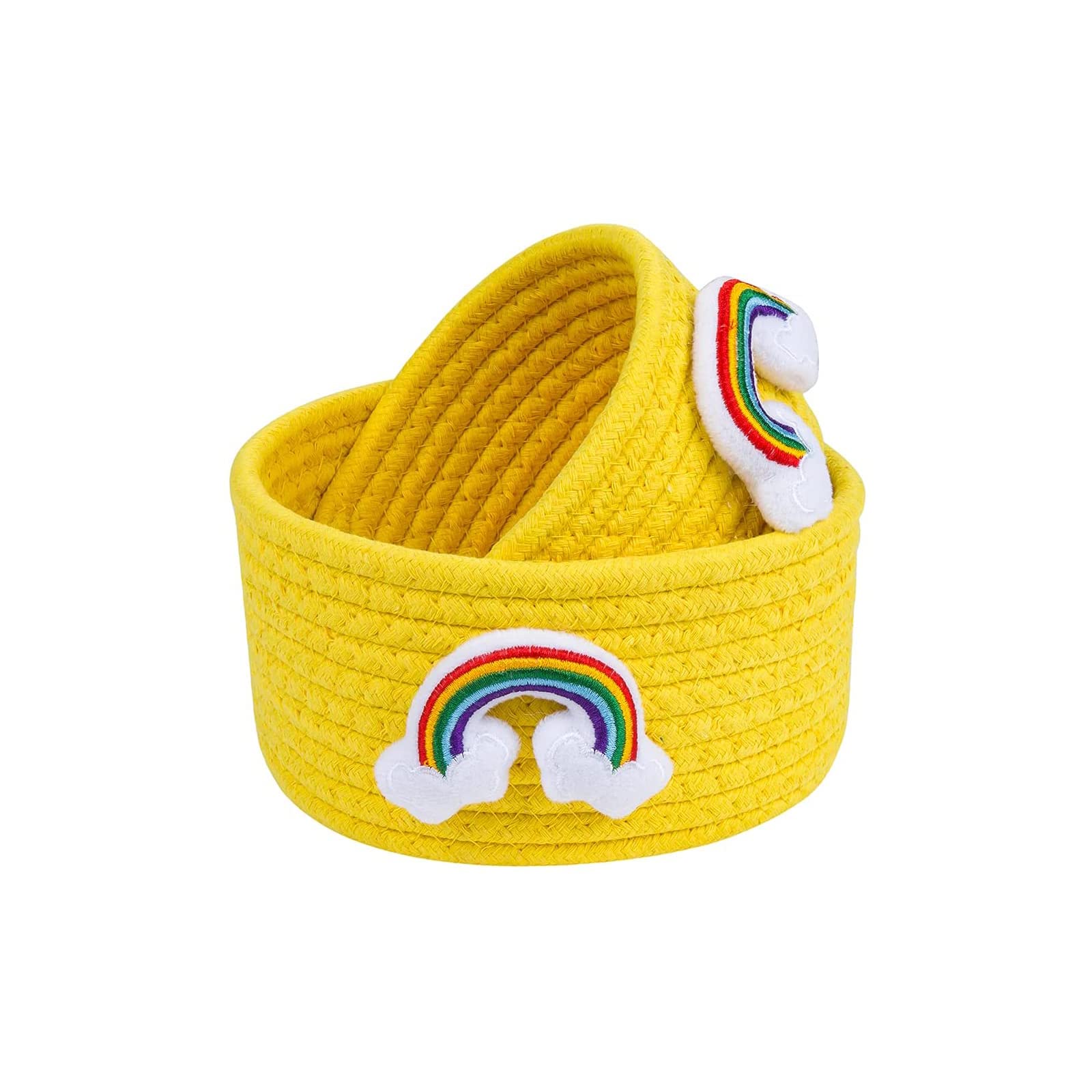 Set of 2 Small Woven Storage Baskets for Organizing,Small Cotton Rope Baskets Decorative Small Round Storage Bins for Desk Kids Socks Toys and Gifts (Yellow)