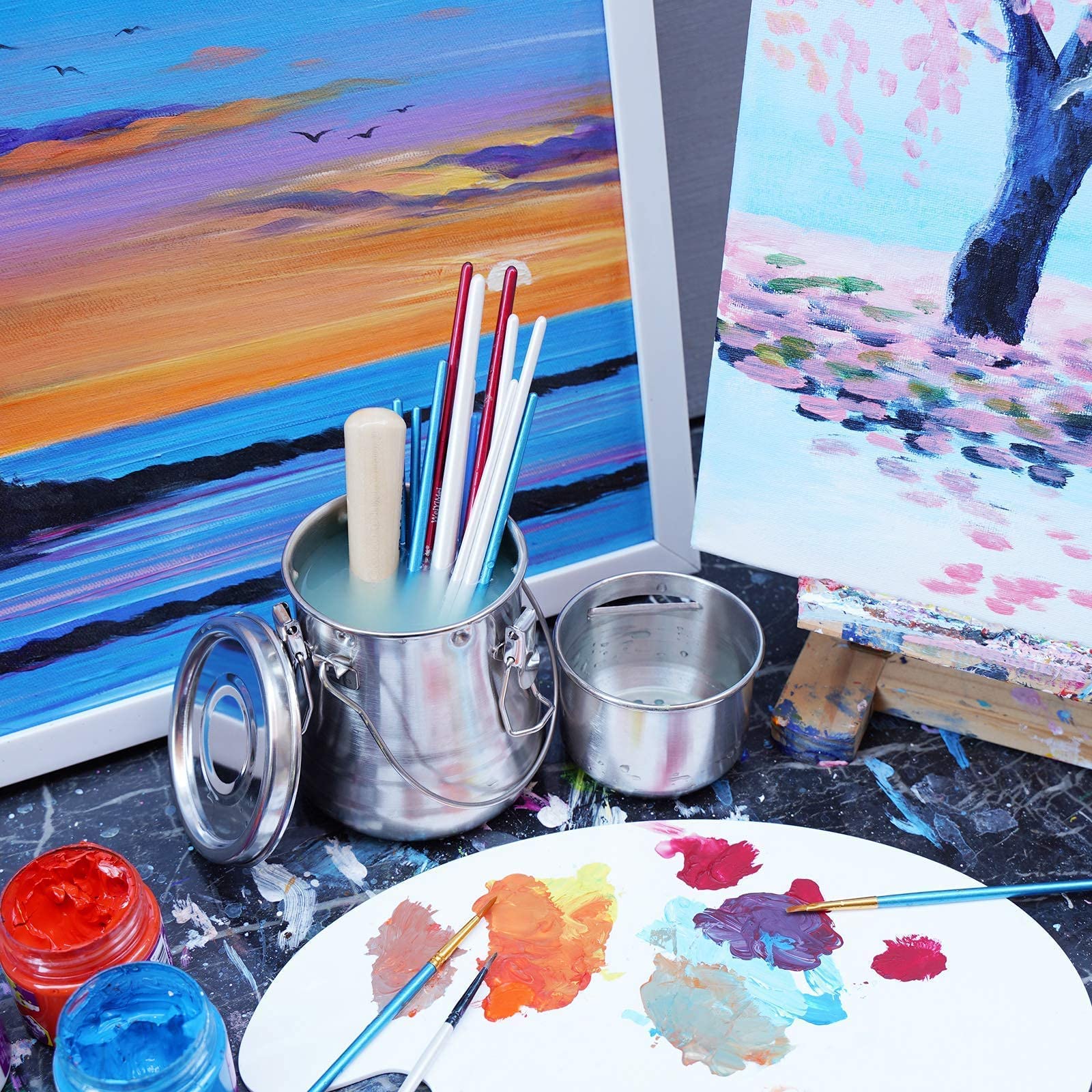 MyLifeUNIT Paint Brush Washer (Large) and Double Dipper Palette Cup Bundle