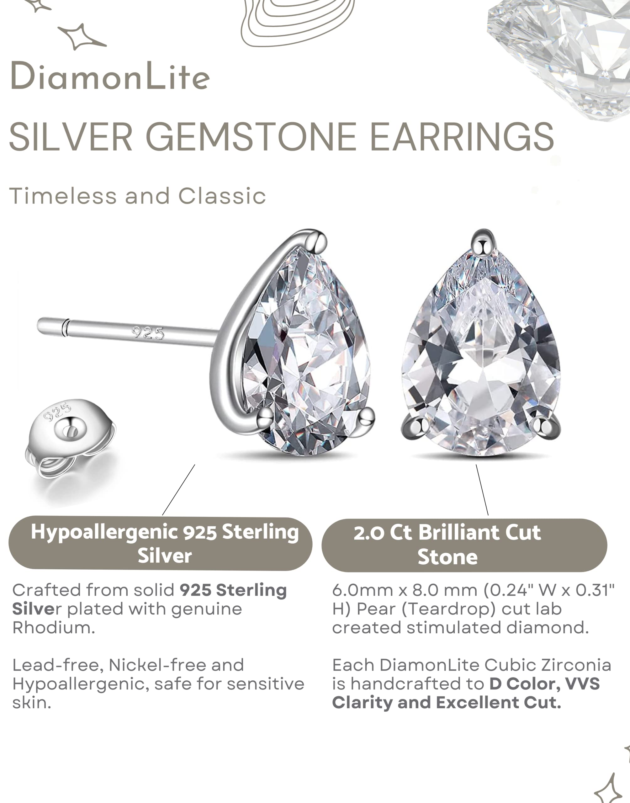 DiamonLite 2 Ct Teardrop CZ 925 Sterling Silver Studs Earrings for Women and Men - Pear Cubic Zirconia Earrings Studs, 925 Silver Cubic Zirconia Earrings, Silver Studs Earrings for Women and Men