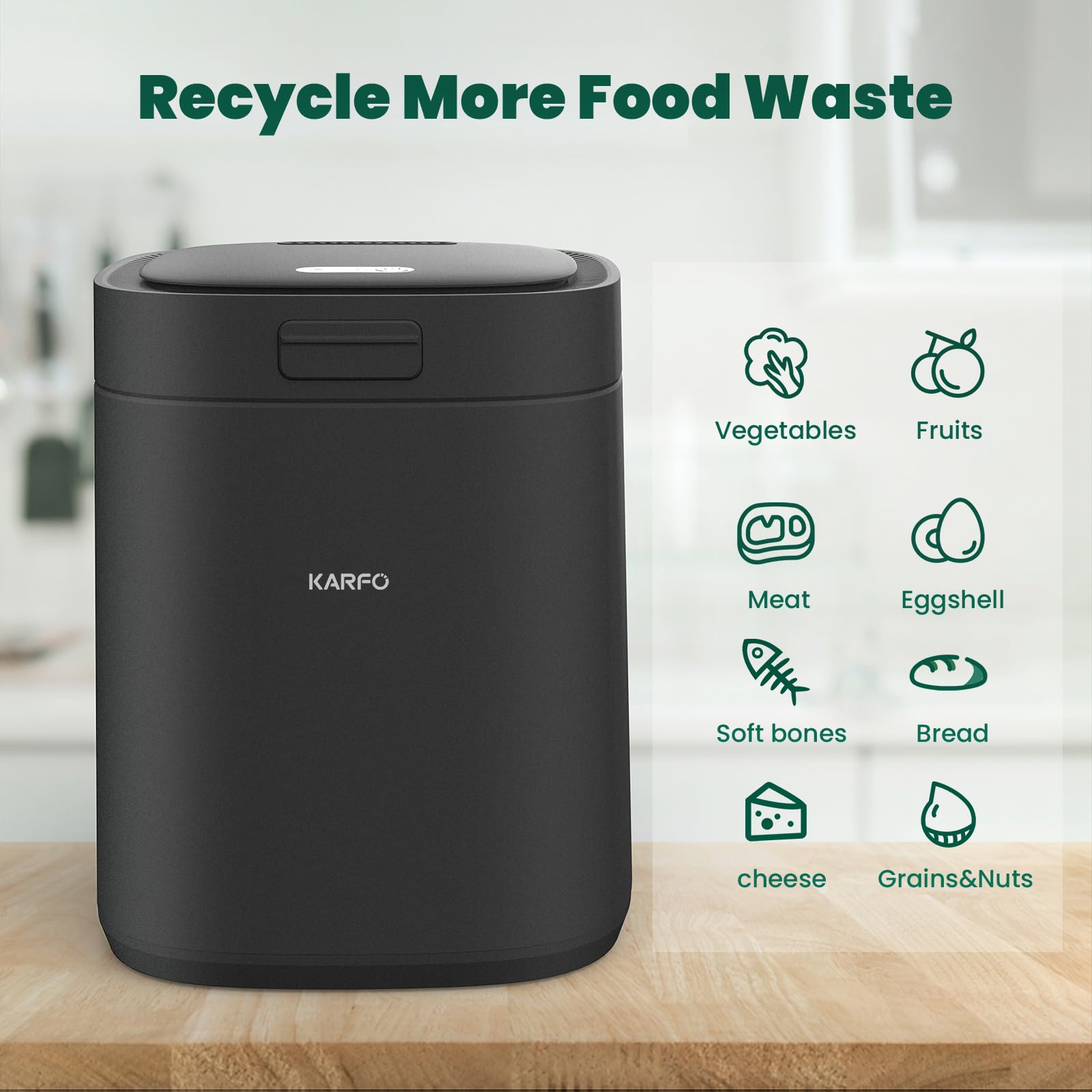 Karfo Electric Composter for Kitchen, Smart Compost Bin Outdoor/Indoor, Odorless Single-Button Auto Operation, Turn Food Waste to Fertilizer for Plants, Food Waste Compost Machine (Black)