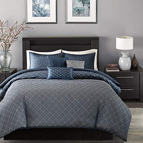 Madison Park Biloxi Duvet Cover - Navy, Geometric Duvet Cover Set – 6 Piece – Ultra Soft Microfiber Light Weight Bed Comforter Covers, King/Cal King(104"x92") (MP12-3737)