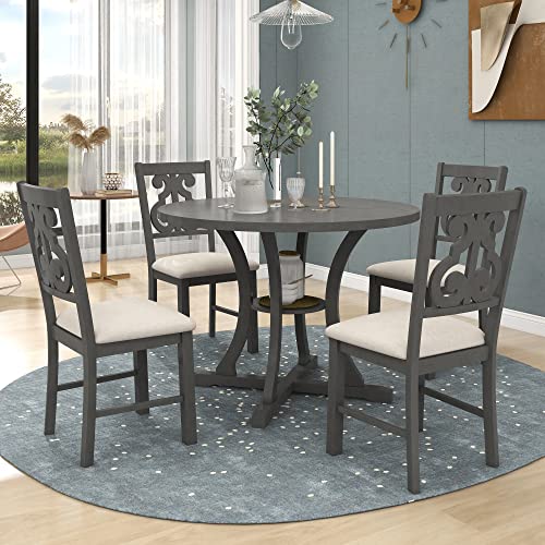 LCH 5 Piece Round Table Set 4 with Special-Shaped Legs and an Exquisitely Designed Hollow Chair Back in The Dining Room (Grey)