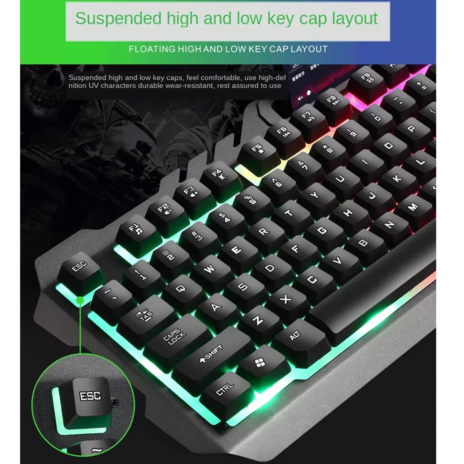 EXHNLE Wired USB Mechanical Feel Computer Keyboard Mouse Sets, RGB Rainbow Backlit Keyboard, with 104 Key Computer PC Gaming Keyboard for PC/Laptop (Color : Black)