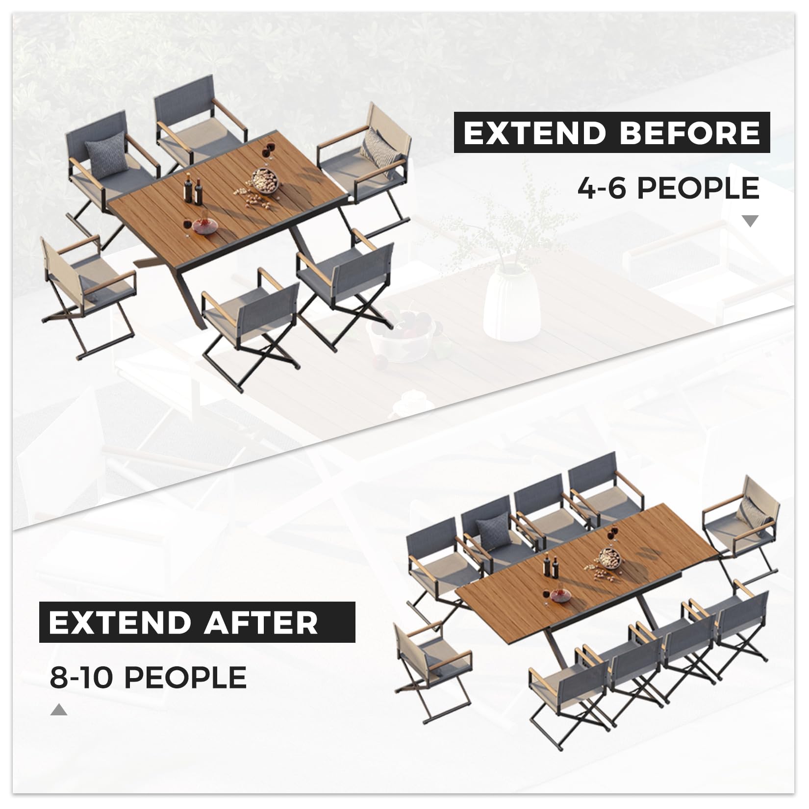 Grand patio 7-Piece Outdoor Dining Set, 6 Extra-Wide Foldable Chairs & 1 Extendable Table, UV-Resistant Mesh Patio Furniture Set, Wood Grain Tabletop for Garden, Yard and Terrace, Black