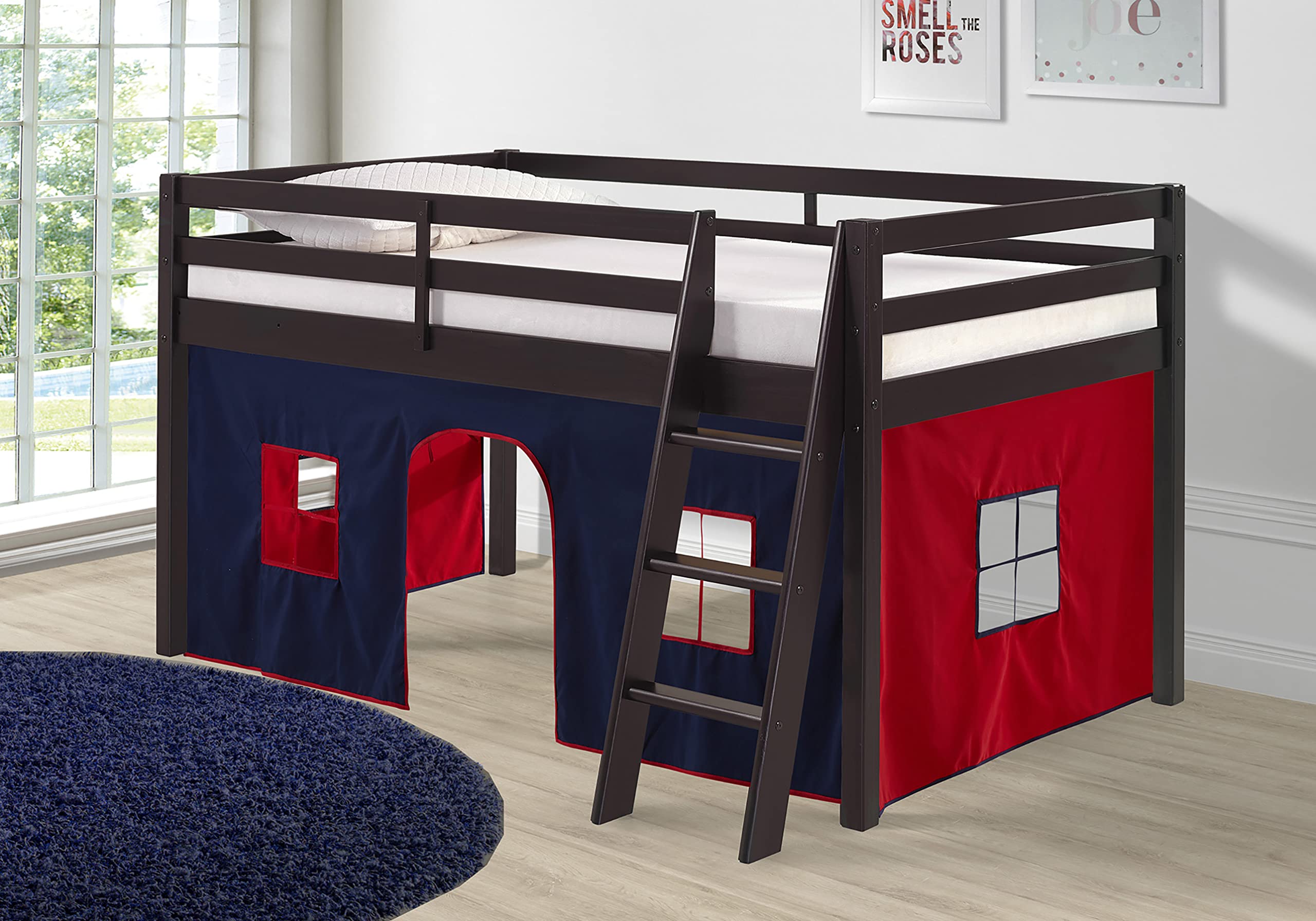 Roxy Pine Twin Junior Loft Bed, Espresso with Blue & Red Tent, Solid Wood Frame, Safety Guardrails, Flexible Ladder Position, Ventilated Playhouse Underneath, Fits Twin Mattress