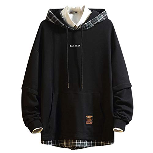 Thenlian Men's Casual Fashion Plaid Patchwork Hoodie Long Sleeves Sweatershirt Tops(XXXXL, Black)