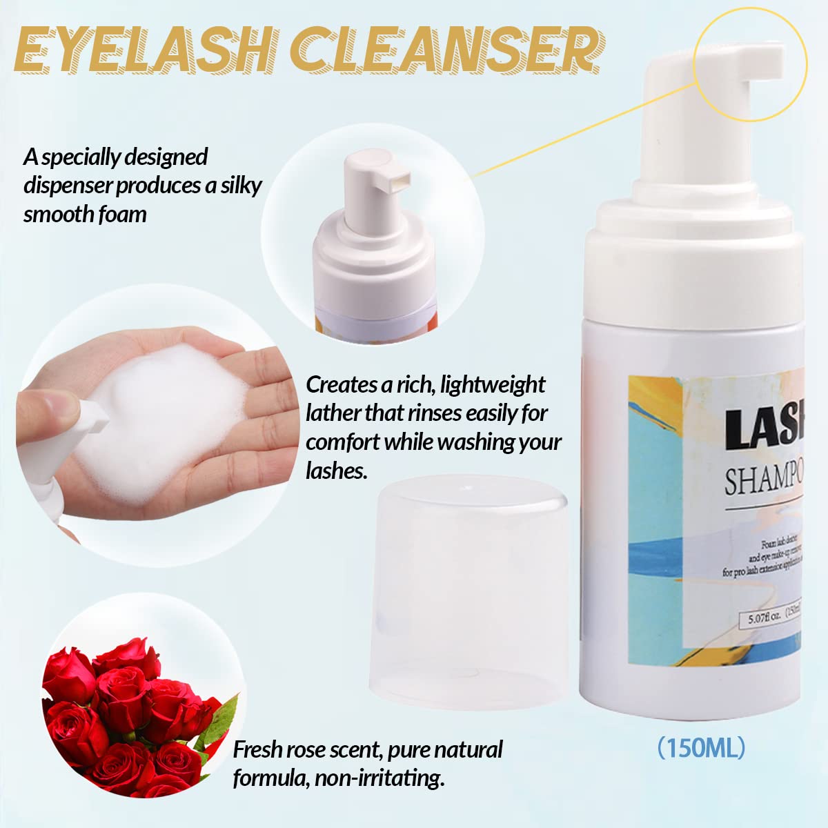 Eyelash Extension Cleanser 150ml + Rinse Bottle+ 2 Brushes+50 Mascara Wands, Eyelash Extension Shampoo, Eyelid Foaming Cleanser, Eyelash Wash and Lash Bath for Extensions, Oil Free