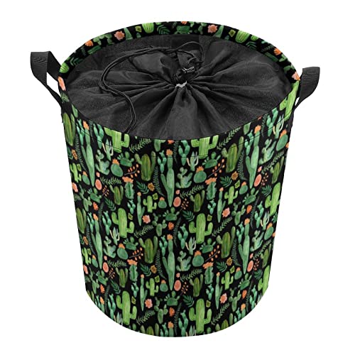 Green Cactus Laundry Basket Round Collapsible Storage Bin with Drawstring and Handle for Bedroom Bathroom Toys Room 17.3" X 13.8"