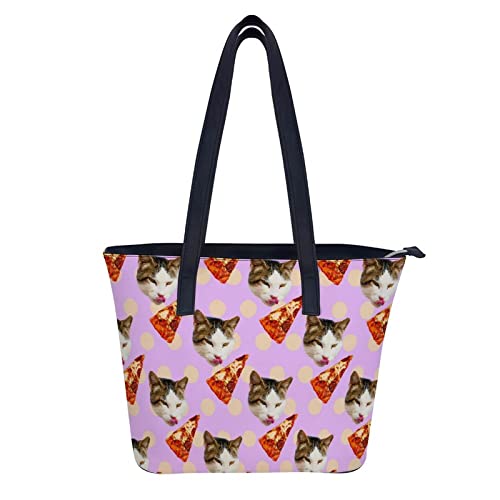 Cat Pizza Lover Women's Tote Bag PU Leather Shoulder Bag Handbags Purse For Work Shopping Travel