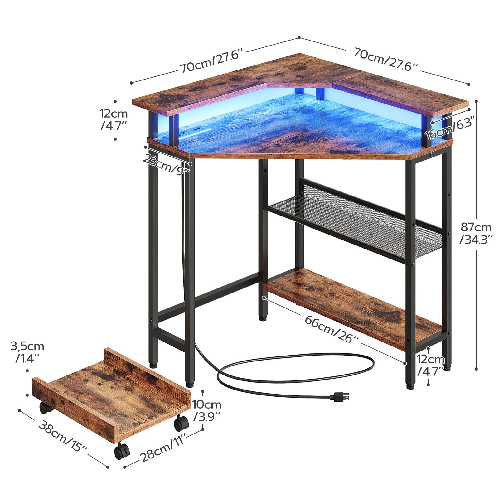 HOOBRO Corner Desk, Gaming Table with Charging Station and LED Strip, 90° Corner Computer Table, Mobile PC Holder, Adjustable Mesh Shelf, for Small Space/Home Office, Rustic Brown and Black BB70UDDN01