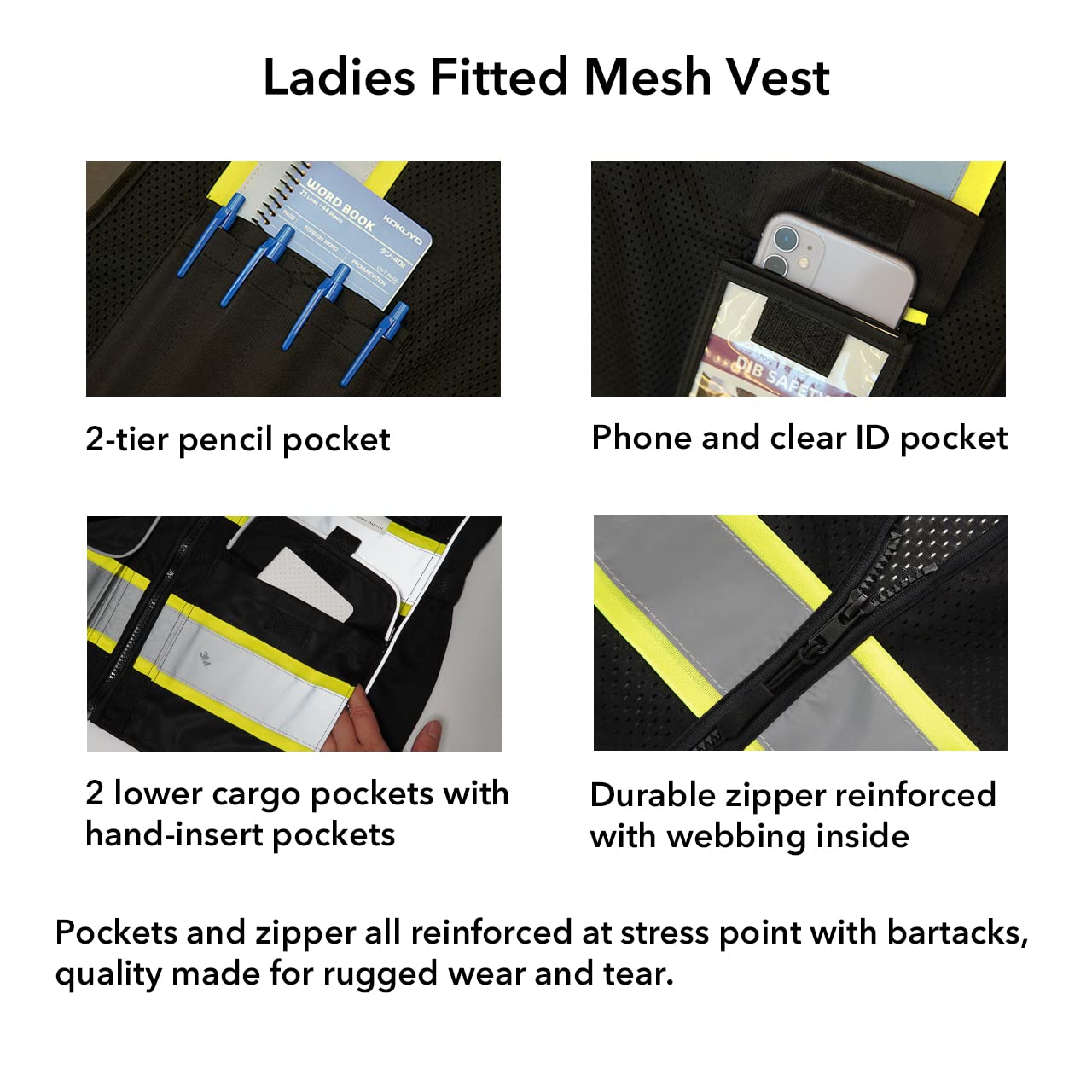Dib Safety Vest for Women with Pockets, Mesh Reflective Vest High Visibility, ANSI Class 2 Made with 3M Reflective Tape, Orange and Black M