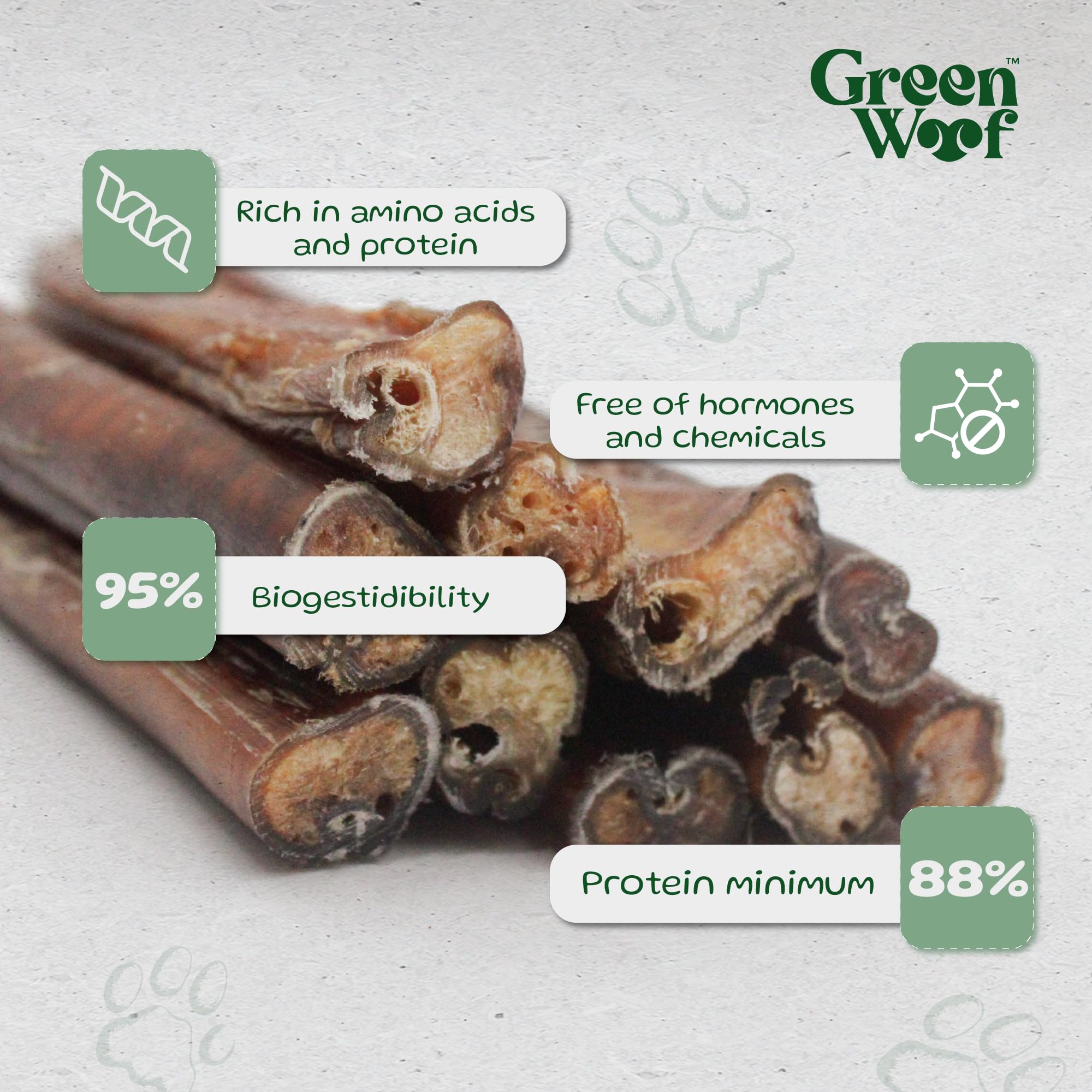 Green Woof, Bully Sticks (6 Inch), Easily Digestible 100% Pure Beef Treats, Pasture-Raised, Organic, Grain-Free, Durable and Long-Lasting Chews for Medium & Large Dogs (Medium, 10, Count)