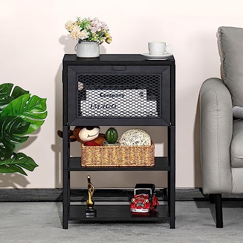 LEBOAHOUS Nightstand with Charging Station and USB Port, 3 Tier Industrial Night Stand, Bedside Table with Flip Storage Drawer and Open Shelf, End Side Table for Bedroom, Office, Dorm 26.2''H (Black)
