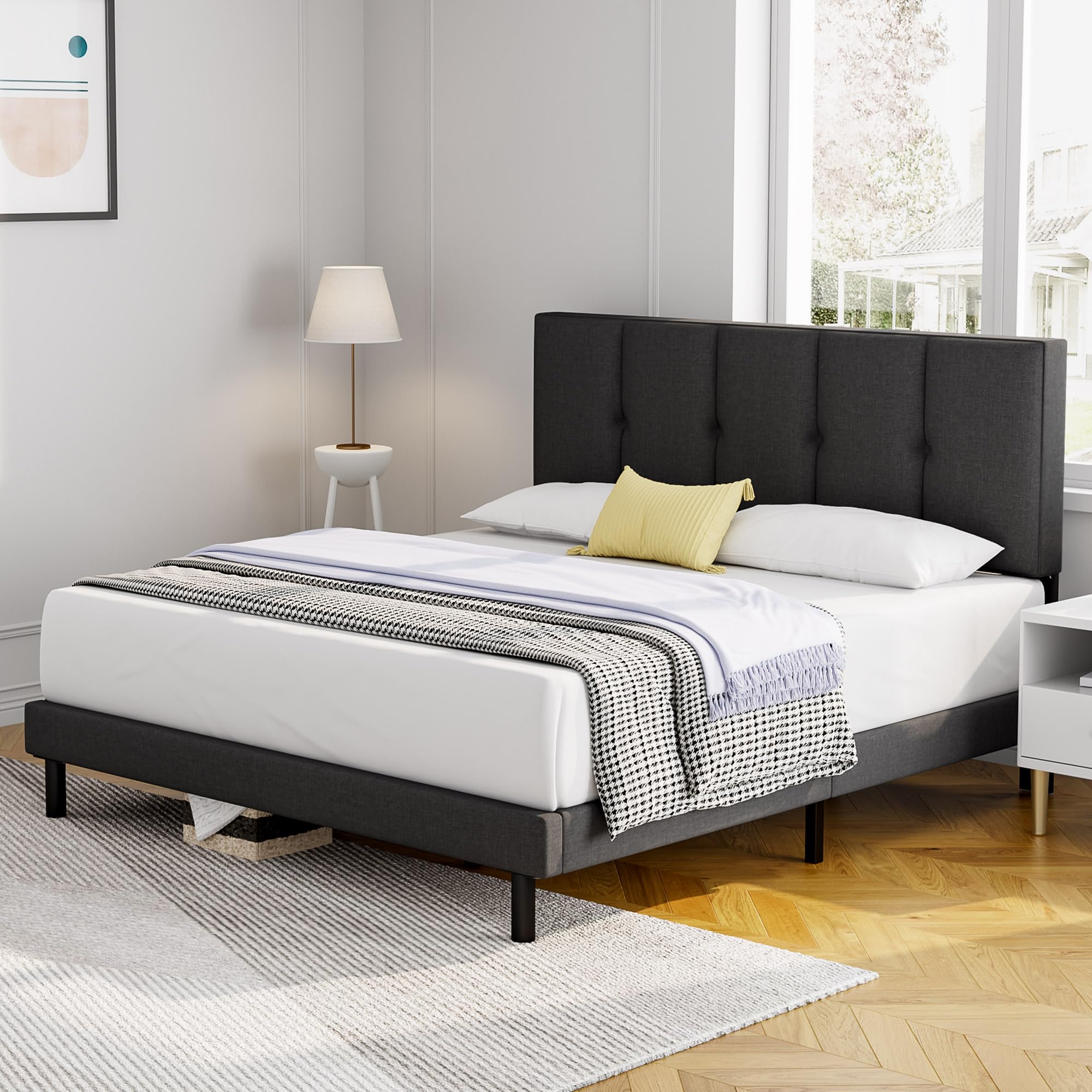 Generic Full Size Bed Frame Upholstered Platform with Headboard, Linen Fabric Wrap, Strong Frame and Wooden Slats Support, Easy Assembly No Box Spring Needed,Non-Slip and Noiseless, D Dark Grey