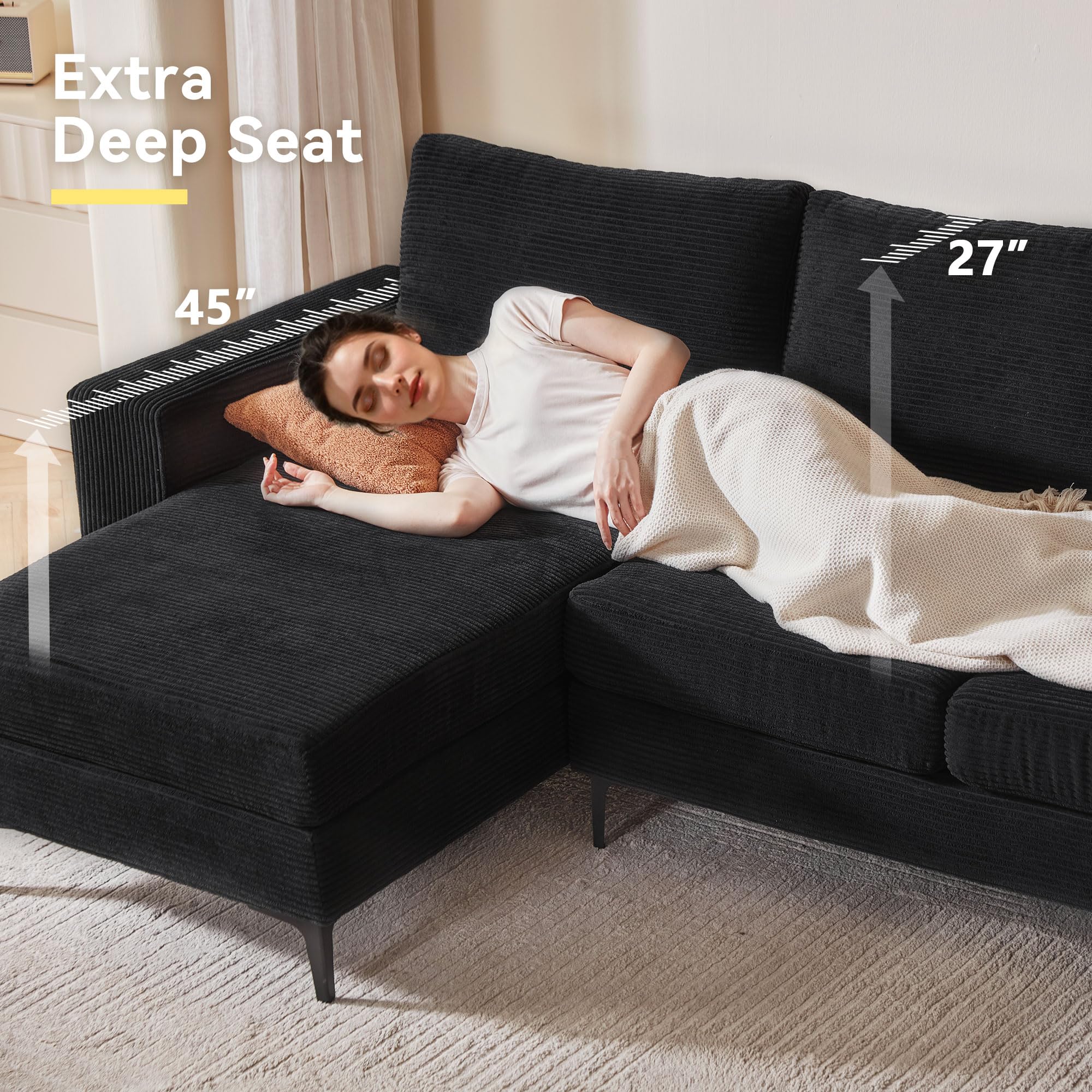 HOOOWOOO 100" L Shaped Couch with Left Chaise,Black Corduroy Home Sofa Living Room,Modern Extra Deep Sofa Couch Set,Corner Couch Comfortable