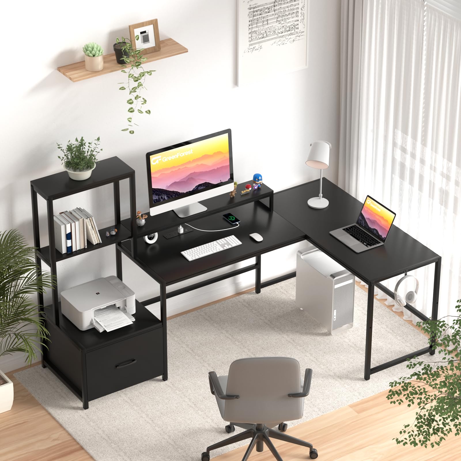 GreenForest 70" L Shaped Desk with Power Outlets & Printer Shelf,Reversible Computer Desk with Drawer & Monitor Stand,Home Office Gaming Desk with Storage Space,Black