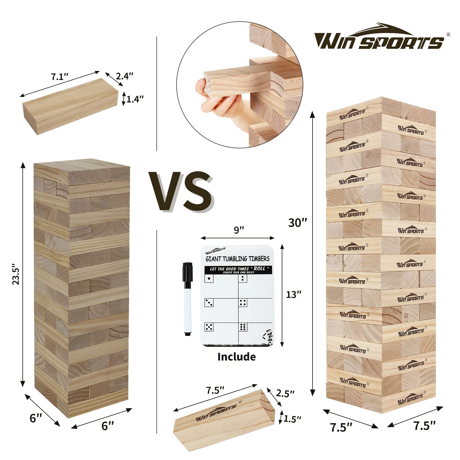 WIn SPORTS Giant Tumbling Timbers - Yard Games Large Wooden Tumble Tower Blocks Stacking Yard Game, with 1 Dice Set &Stacks to Over 5 FT,Made from Premium Pine (7.5"x2.5"x1.5", 54 PCS)