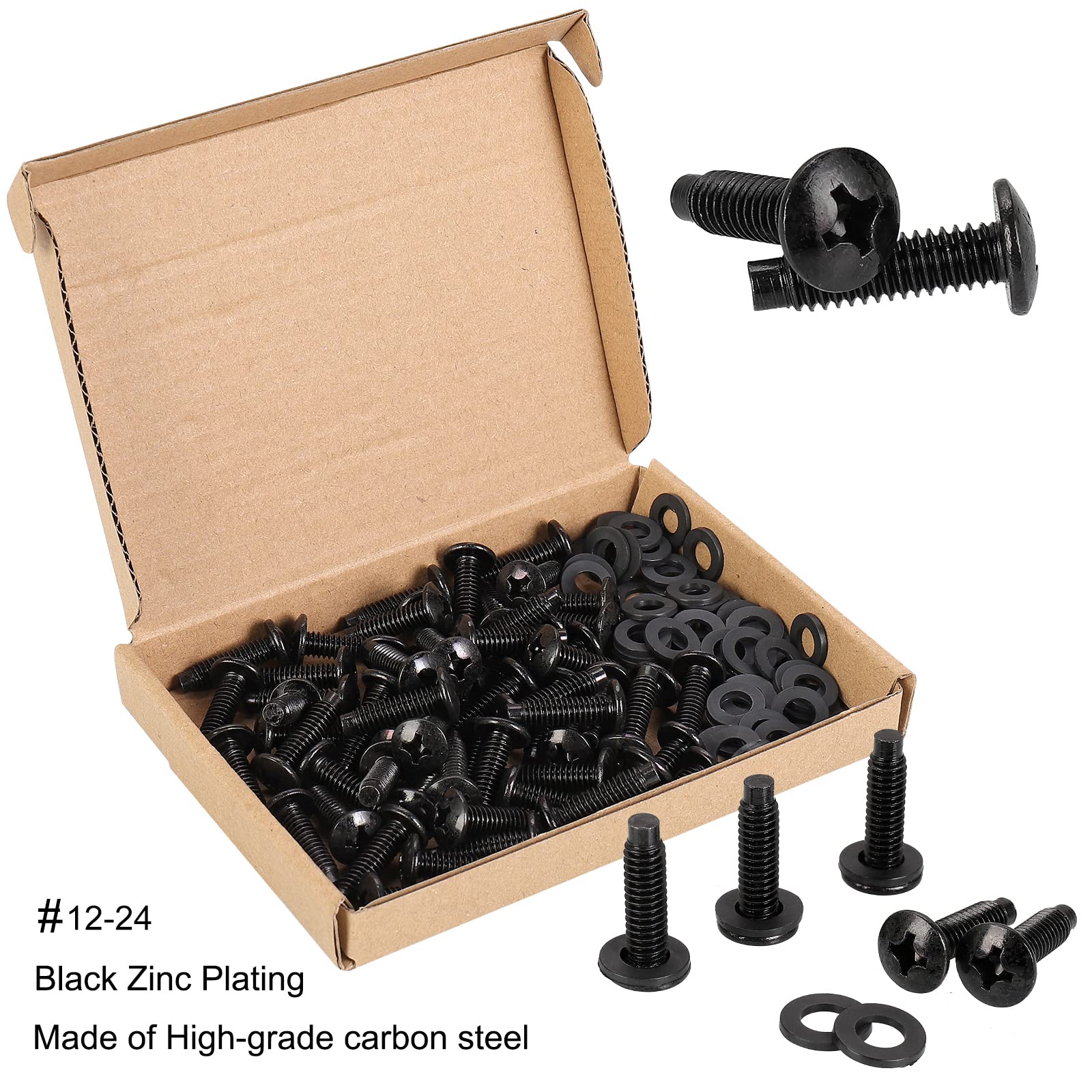 Cqyueen High-Grade Carbon Steel 12-24 Black Rack Screws Set. 60 Sets [Rack Screw + Nylon Washer] for Equipment Server Racks, Enclosures, and Cabinets