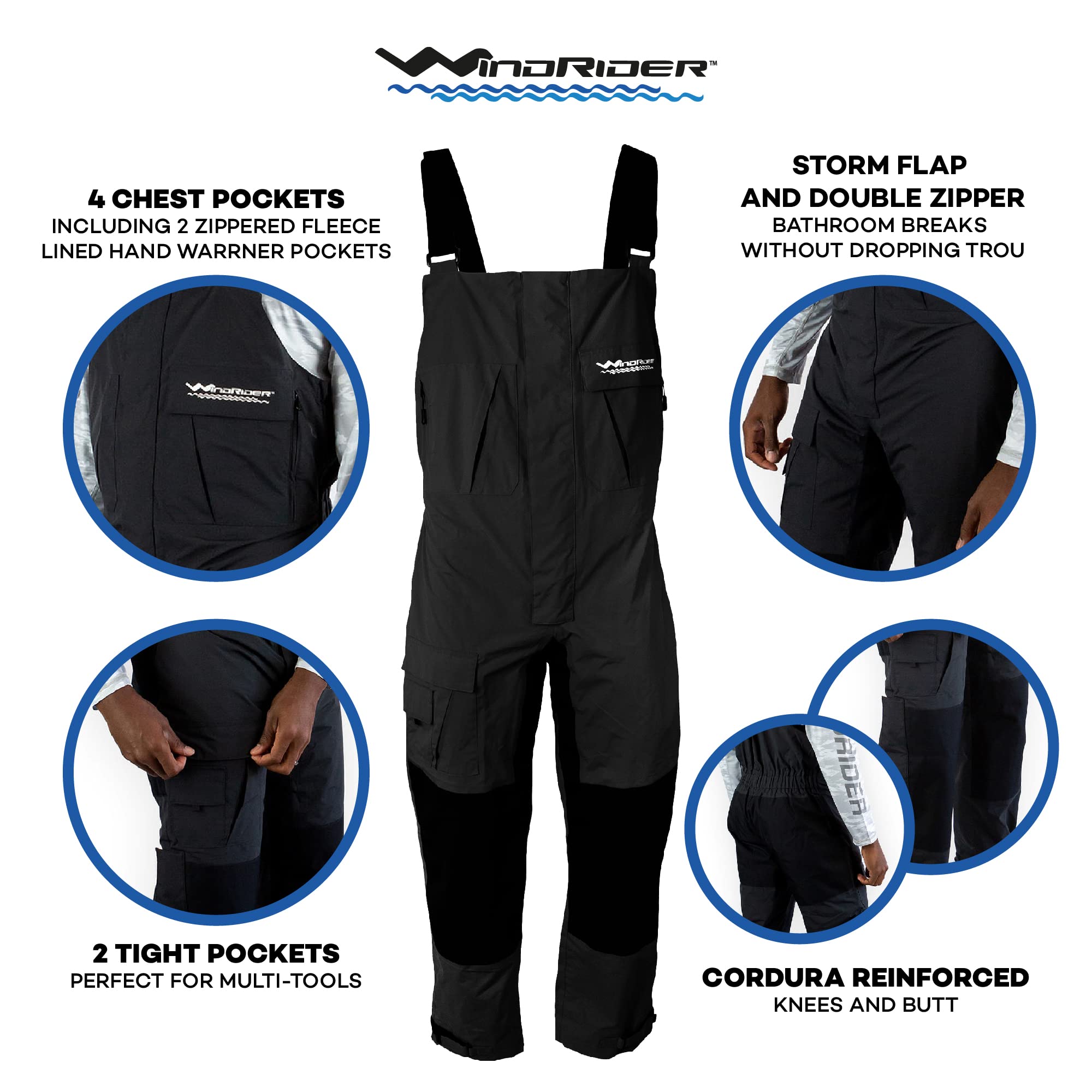 WindRider Pro Foul Weather Gear - Rain Suit - Jacket + Bibs - Breathable, Numerous Pockets, Mesh Lined for Comfort - For Fishing, Sailing, Outdoor Adventuring (Black, Small)