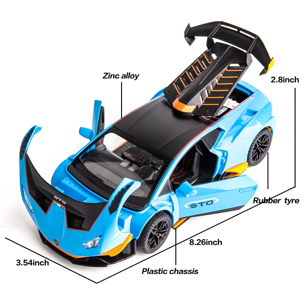 WAKAKAC Model Car 1/24 Scale Compatible for Lambo Huracan STO Die-cast Toy Vehicle Pull Back with Light and Sound Toy Car Door Can be Open (Blue)