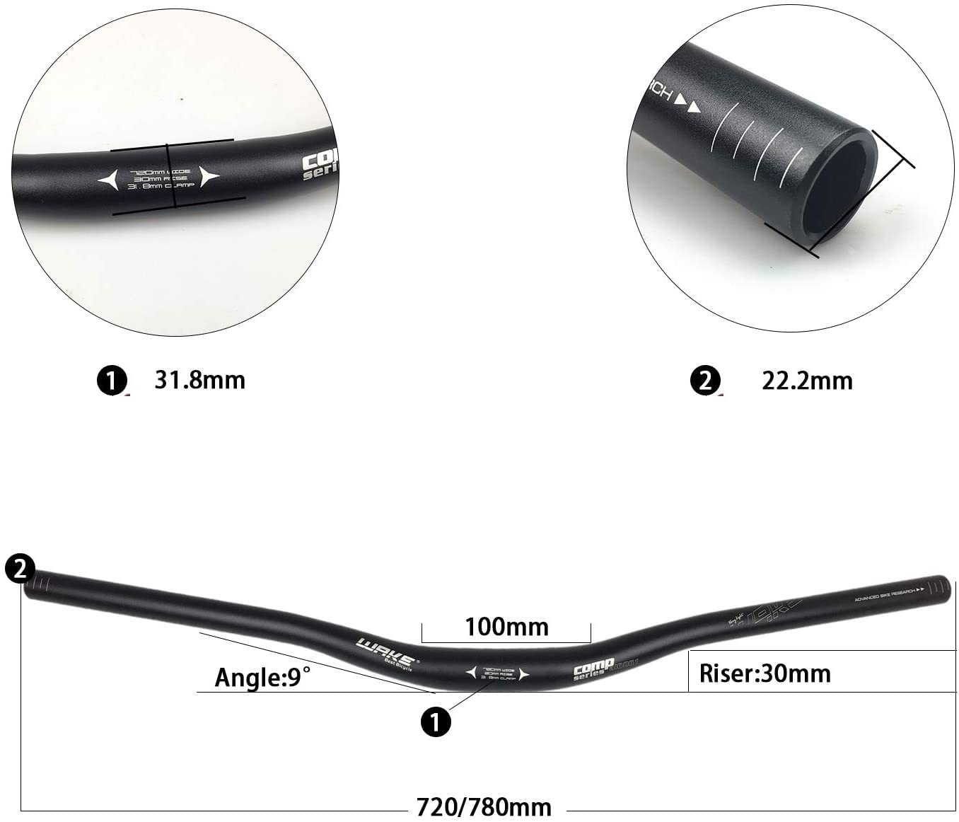 Wake 31.8mm MTB Mountain Bike Handlebar, Aluminum Alloy Mountain Bike Bicycle Riser Handlebar Extra Long 720/780mm with Paint Matte Surface (Black, 720mm)