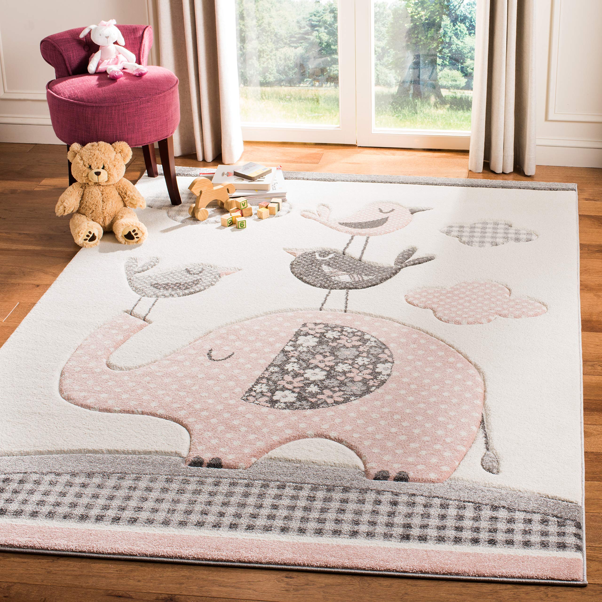 SAFAVIEH Carousel Kids Collection Area Rug - 6'7" Square, Pink & Ivory, Animal Design, Non-Shedding & Easy Care, Ideal for High Traffic Areas for Boys & Girls in Playroom, Nursery, Bedroom (CRK127P)