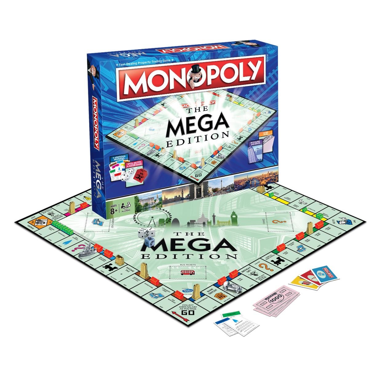 Winning Moves Mega Monopoly Board Game, 12 Extra Spaces Including Downing Street, Saville Row and Knightsbridge, Invest in Skyscrapers, for Ages 8 Plus