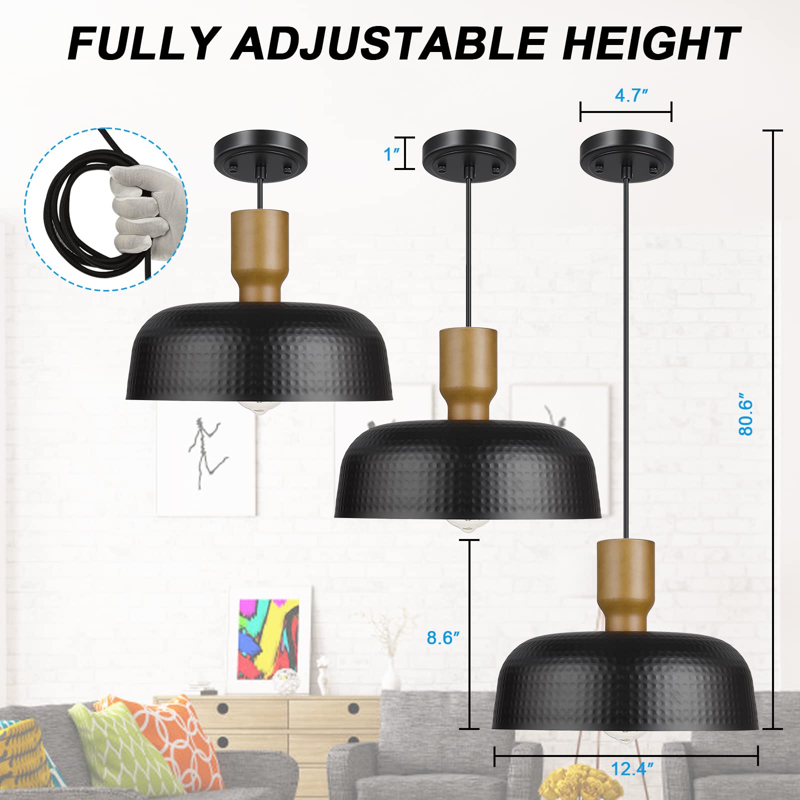 Darkaway Industrial Pendant Light Fixtures Ceiling Hanging with Hammered Metal Shade, Black Pendant Light for Kitchen Island Lighting Hanging Lamp Adjustable Height, Medium 2 Pack