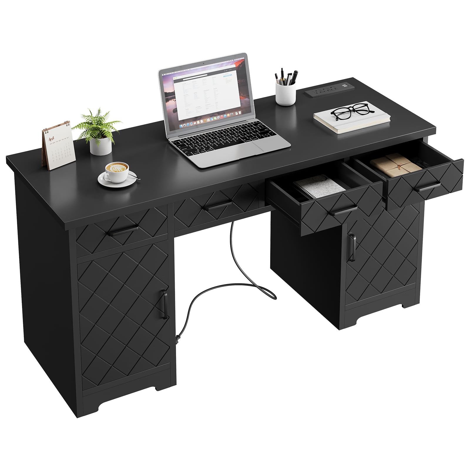 Jojoka 55" Executive Desk, Wood Computer Desk with Drawers and Cabinet, Home Office Desk with Charging Station for Work Study Writing