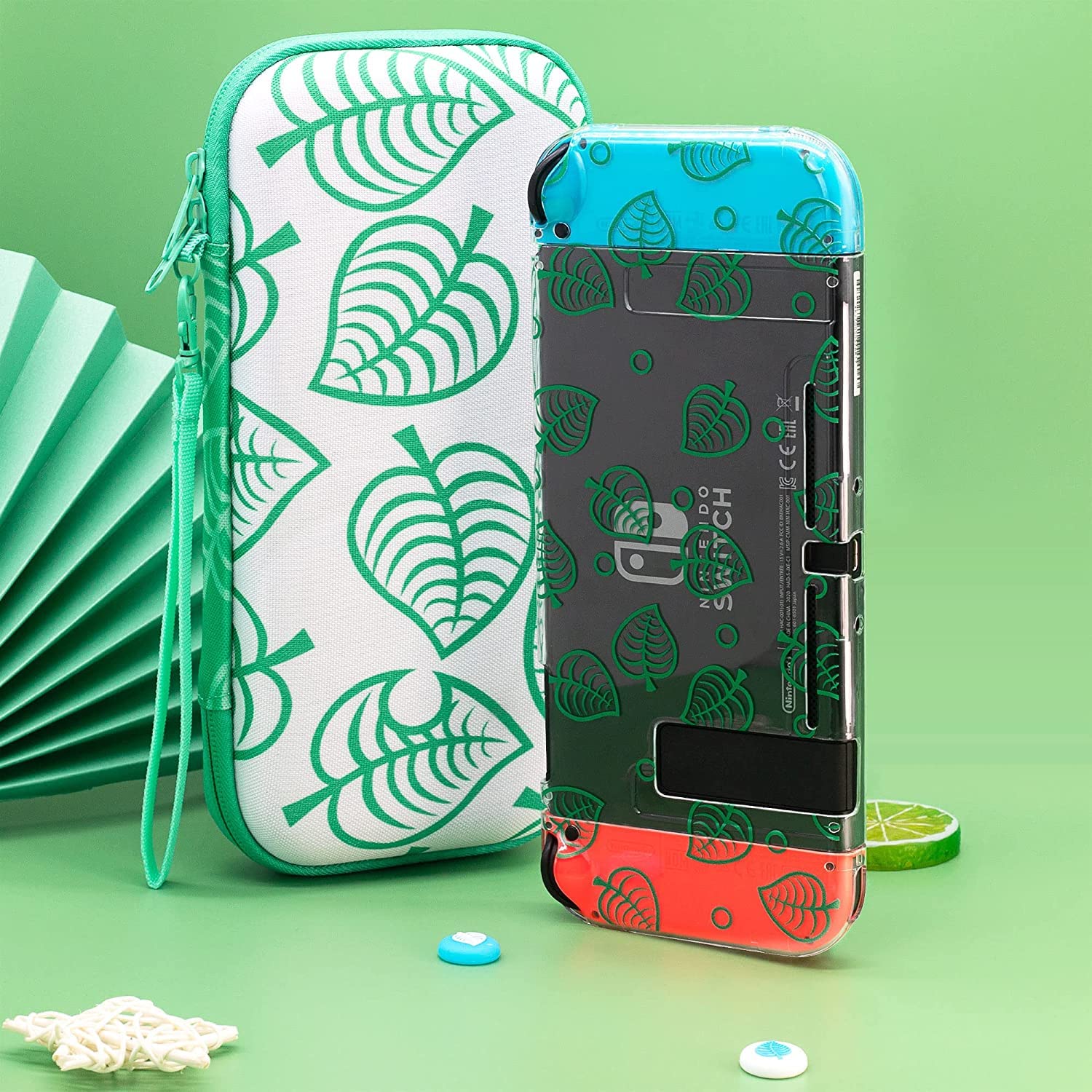 Carry Case for Nintendo Switch，With Animal Crossing Green Leaf Protective Storage Bag with Docking Clear Cover Crystal Shell & Screen Protector & Thumb Grips