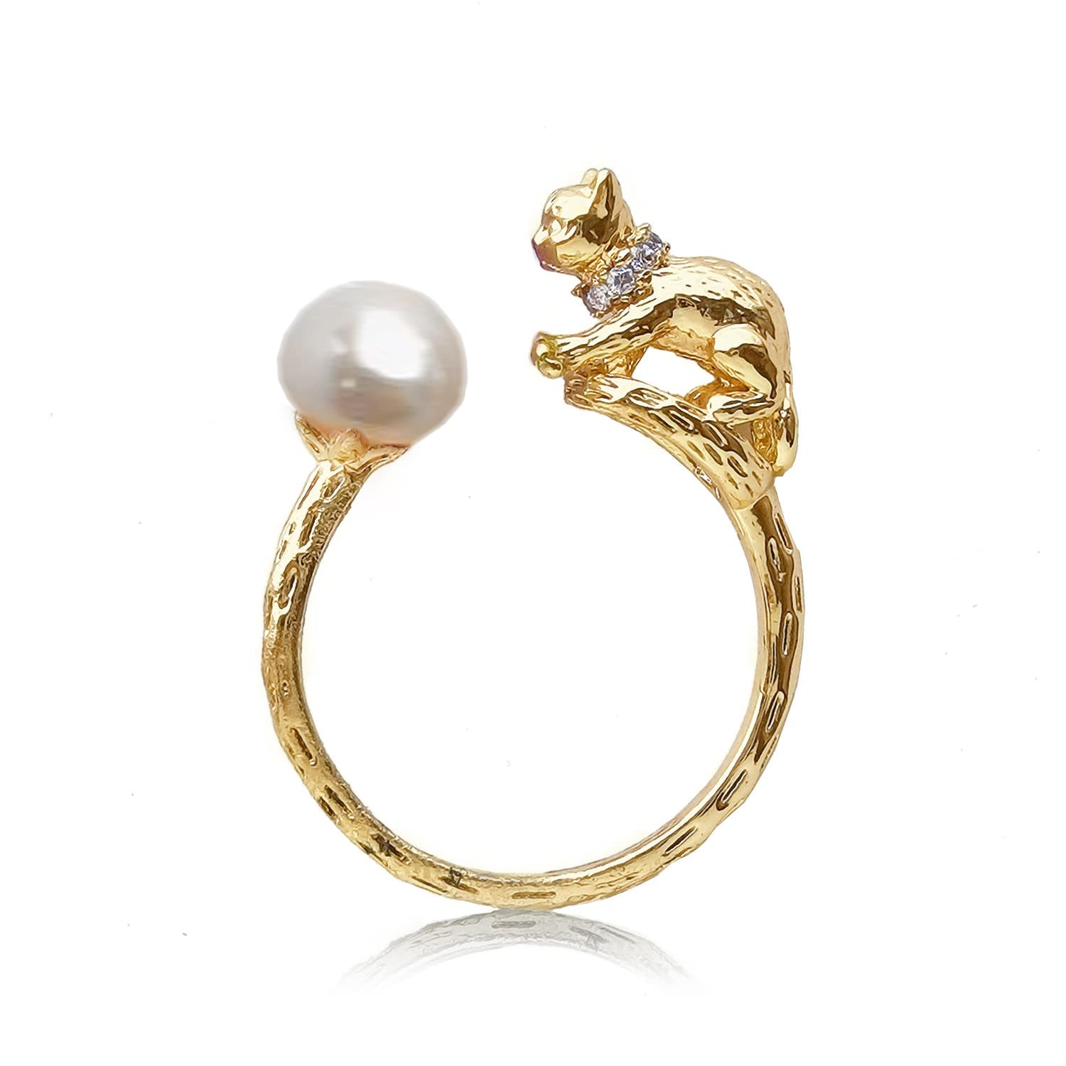CCijiNG Christmas Pearl Ring for Women 14K Gold Plated Adjustable Open Wrap Ring Fashion Eternity Statement Jewelry for Christmas Gift(Cat Pearl)