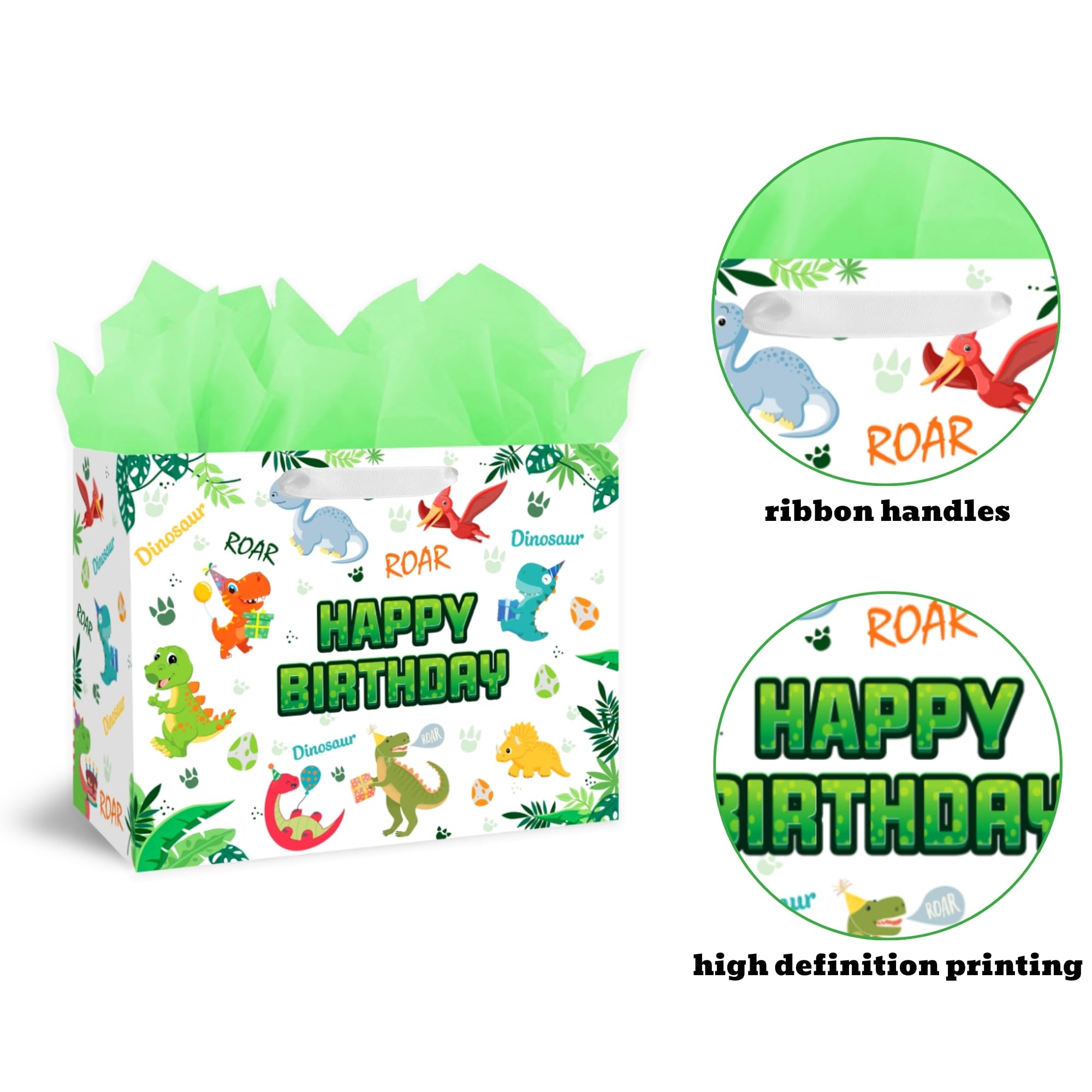 Generic Large 13"" Dinosaur Birthday Gift Bag with Handles, Card, and Tissue Paper for Boys
