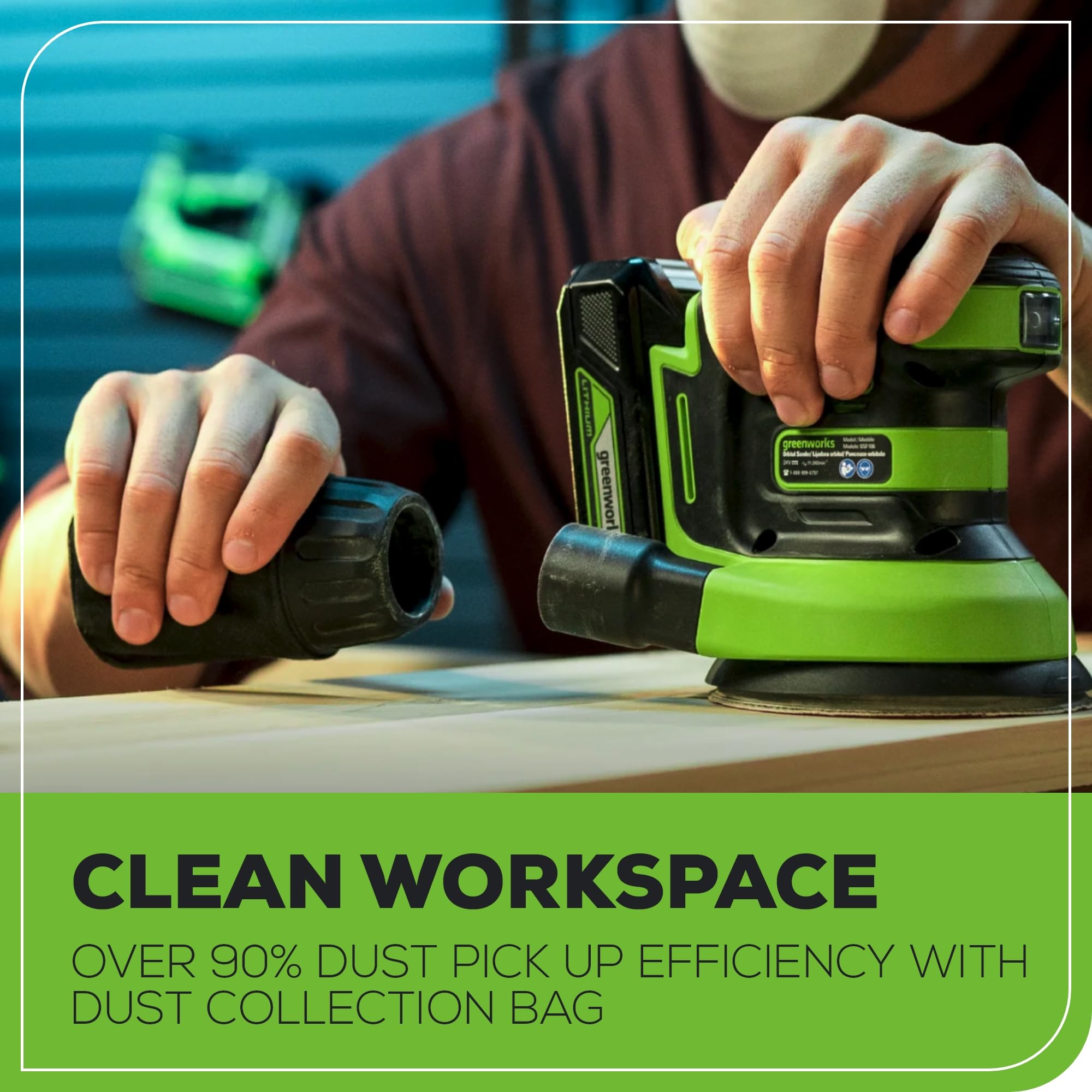 Greenworks 24V Cordless Orbital Sander, 5" Random Sanders Variable Speed, 11000 OPM, 3 Sandpaper Sheets, with 2Ah Battery and Charger