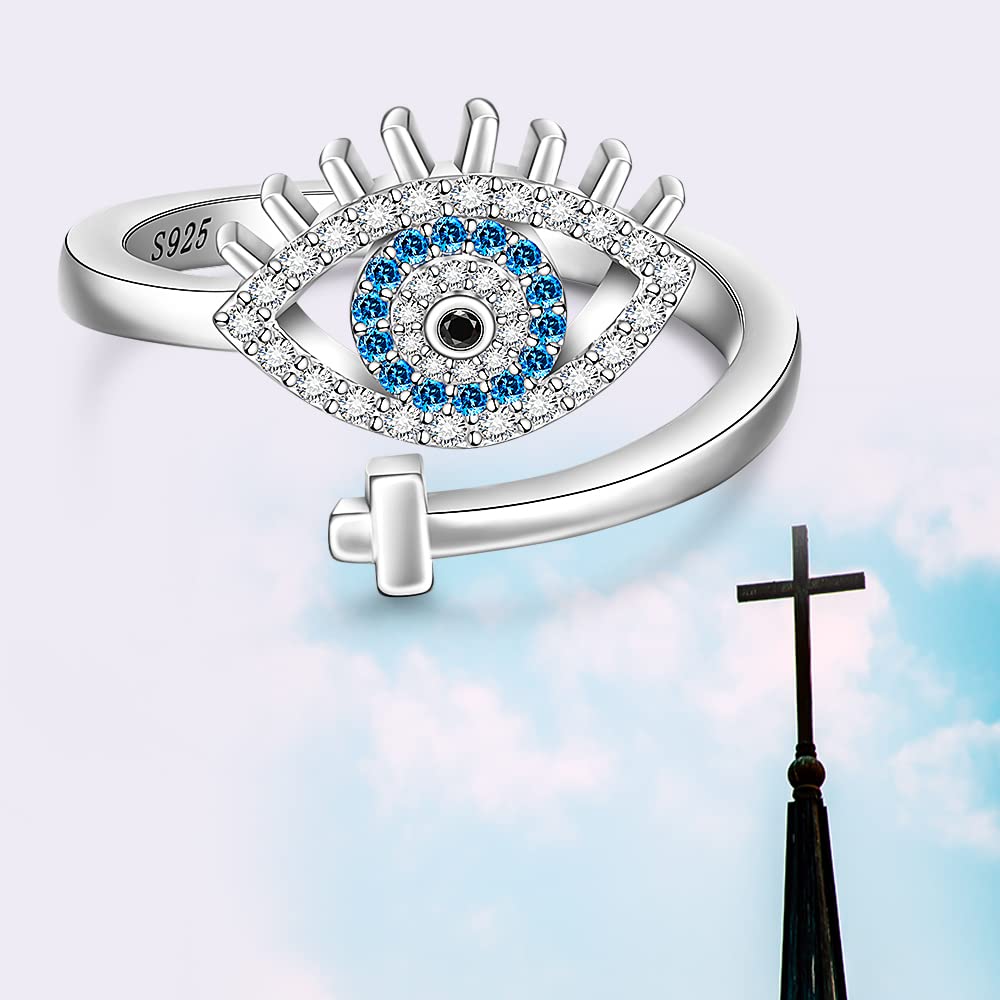 Cross Evil Eye Ring Sterling Silver Spiritual Turkish Third Evil Eye Cross Rings for Women Teen Greek Nazar Religious Adjustable Open Ring for Protection Size 9